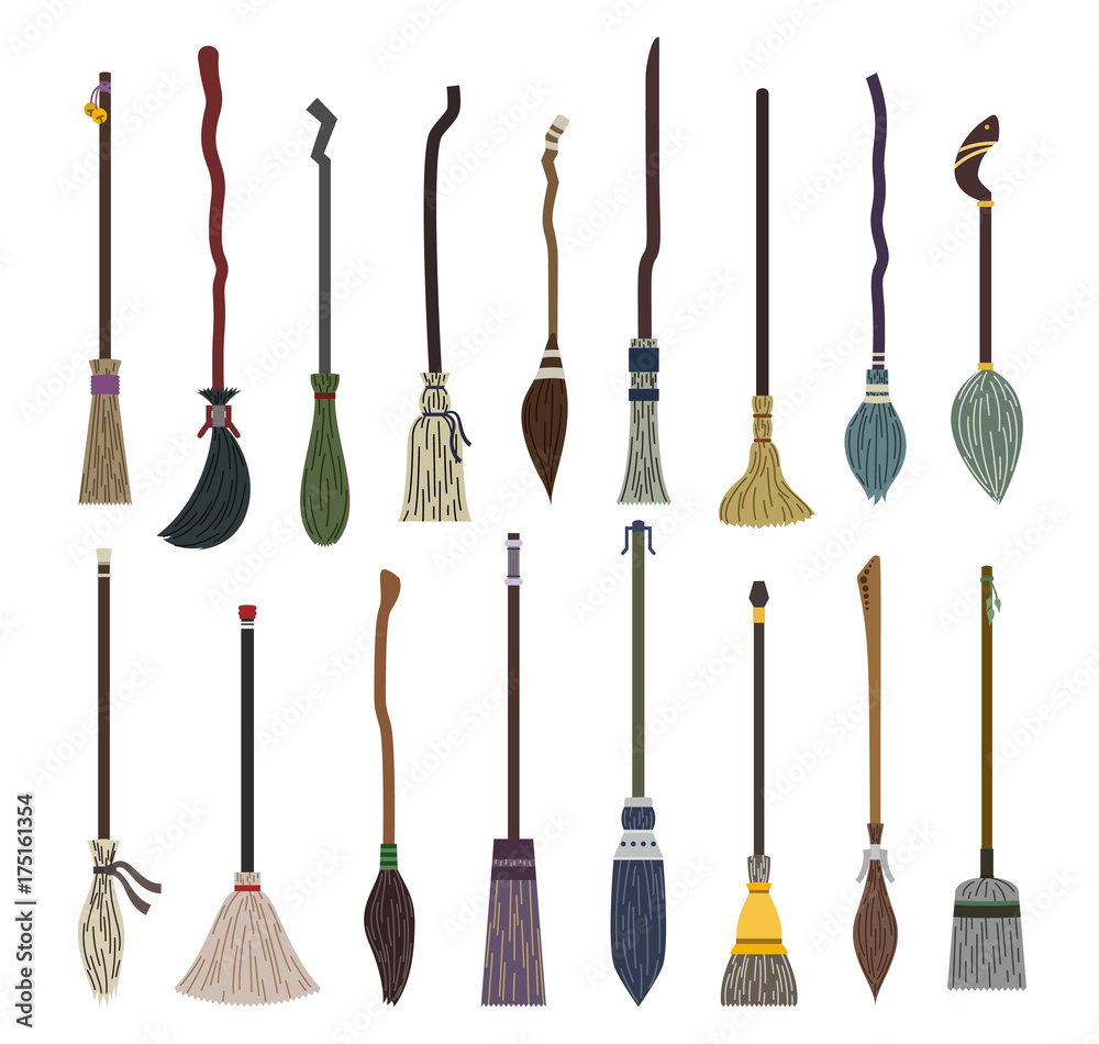 Set of different witch brooms colorful on halloween Stock Vector ...