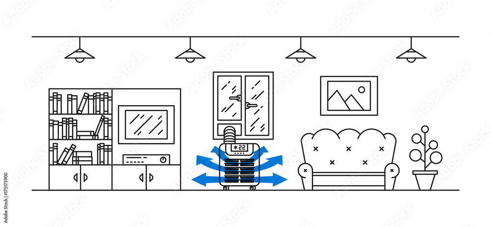 Domestic floor air conditioner vector illustration. Living room with ...