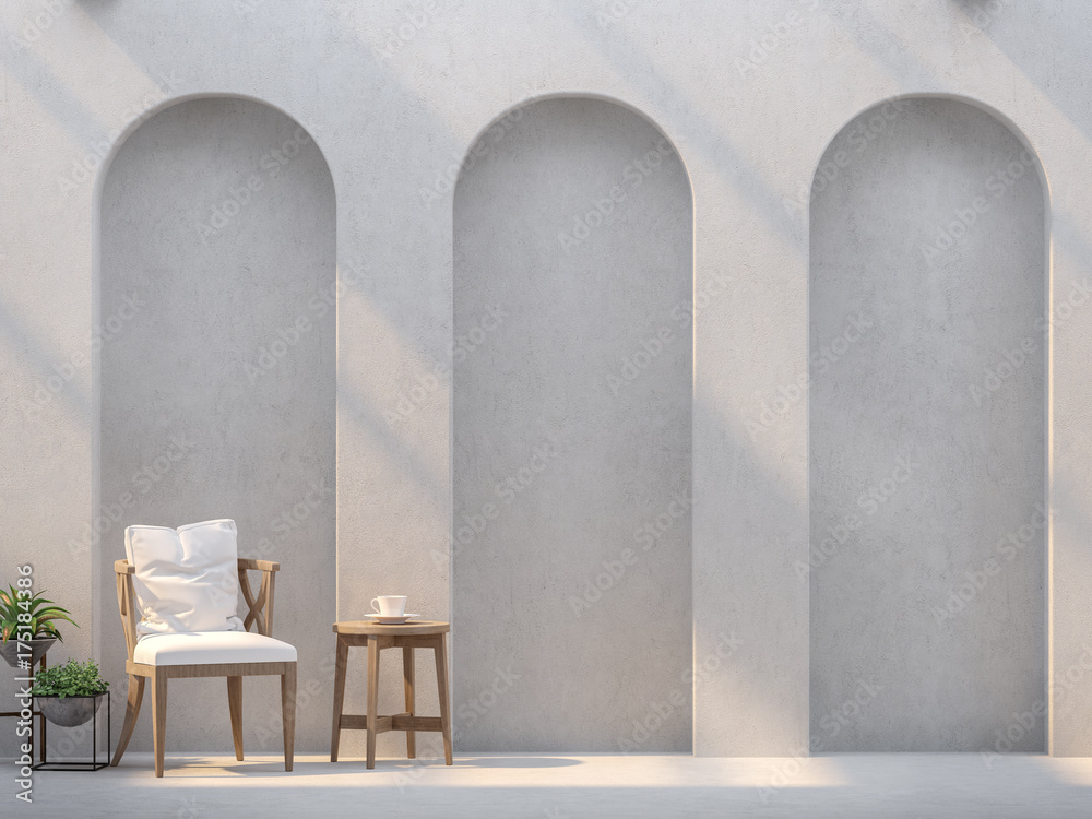 Modern living room and empty walls with arch panel and sunlight shining ...