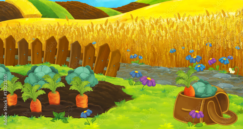 Cartoon happy farm scene with garden full of vegetables - illustration ...