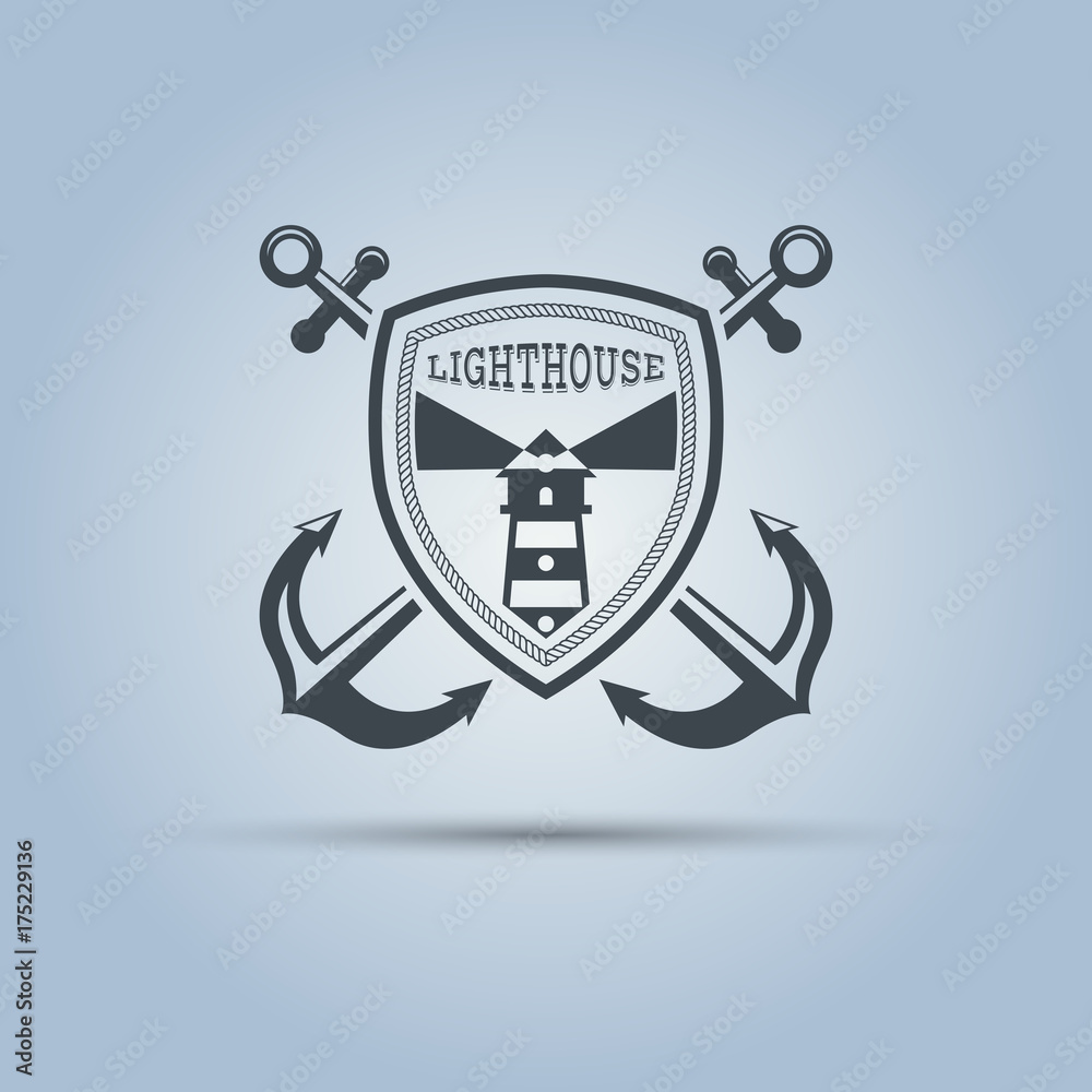 lighthouse in middle shield behind which two crossed anchor isolated ...