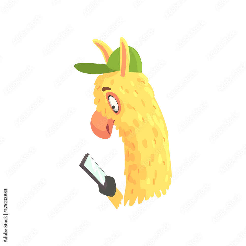Funny llama character using mobile phone, cute alpaca animal cartoon ...