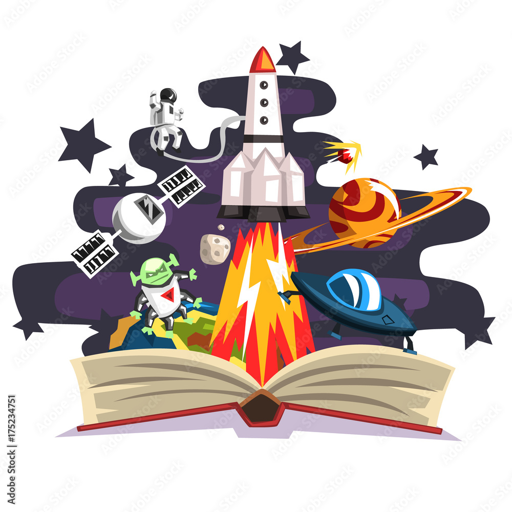 Open book with rocket, astronaut, planets, stars, UFO space ship and ...