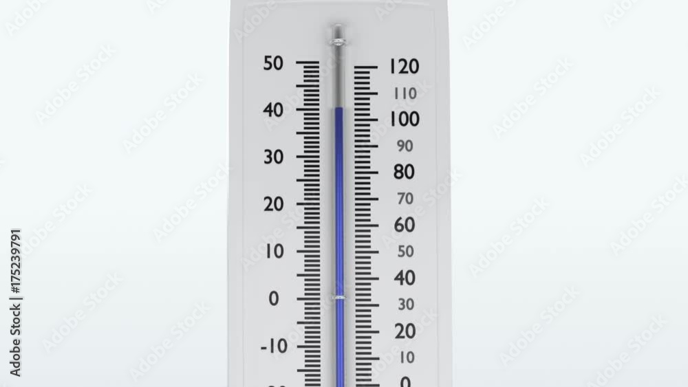 Temperature falls down on thermometer with blue mercury. Animation of ...