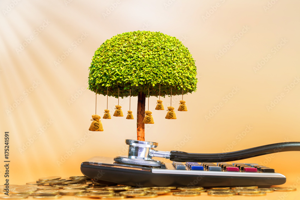 Stethoscope put on the calculator and coin with growing as money bag of ...