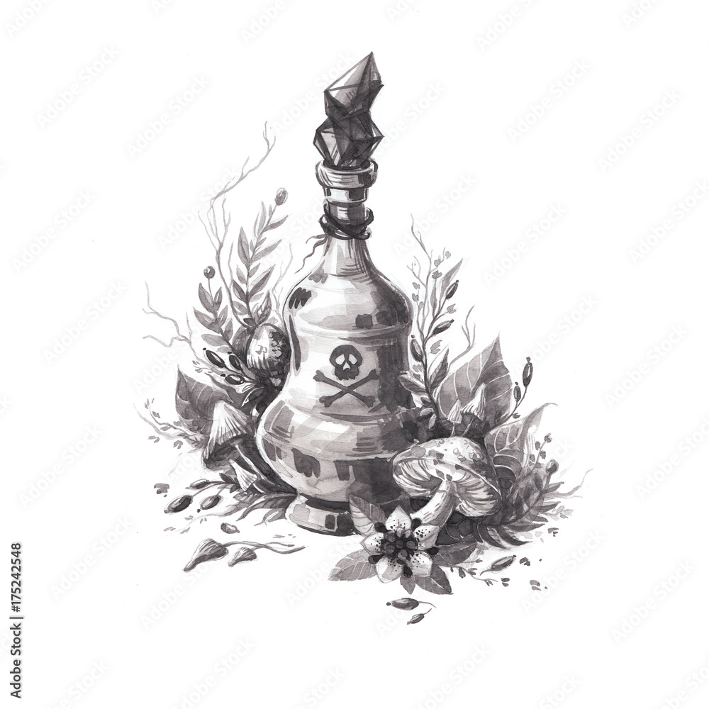 Hand drawn ink halloween detailed illustration of magic poison with ...