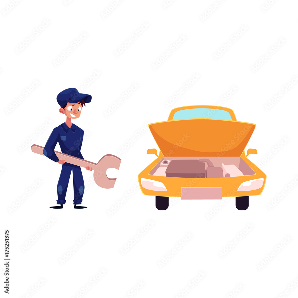 Auto mechanic with giant wrench and front view picture of car with open ...