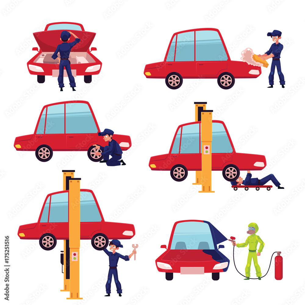 Set of auto mechanic, car service worker, technician fixing a car ...