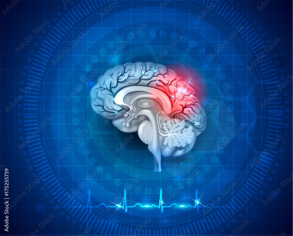 Human brain damage and treatment concept. Abstract blue background with ...