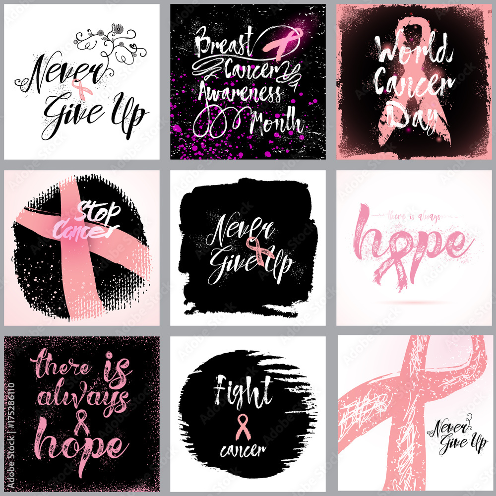 Set of Breast cancer awareness month in October cards design with ...