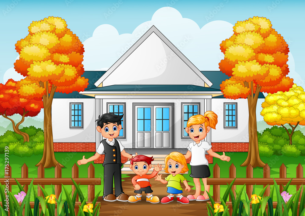 Cartoon happy family in the front yard of the house Stock Vector ...