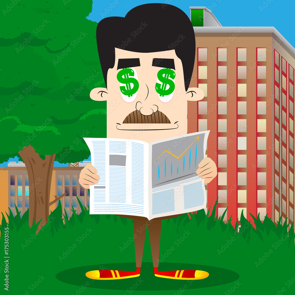 Happy smiling successful business office worker reading newspaper with ...