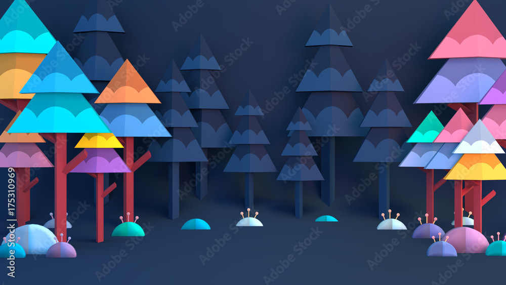 Colorful paper forest. 3d rendering picture. Stock Illustration | Adobe ...