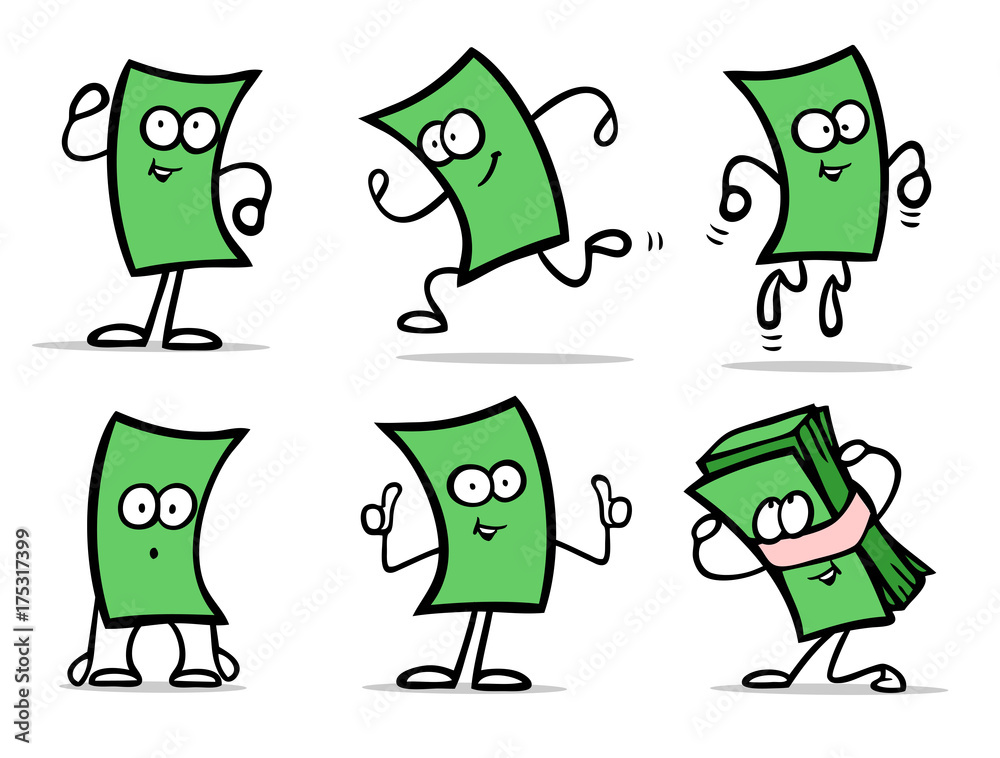 Cartoon Geldschein Figur als Set in verschiedenen Posen Stock ...