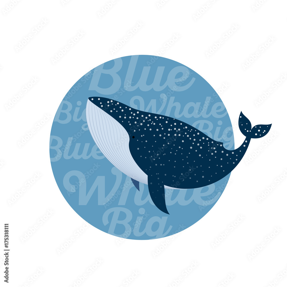 Blue whale illustration. Blue Whale in specks in the blue circle with ...