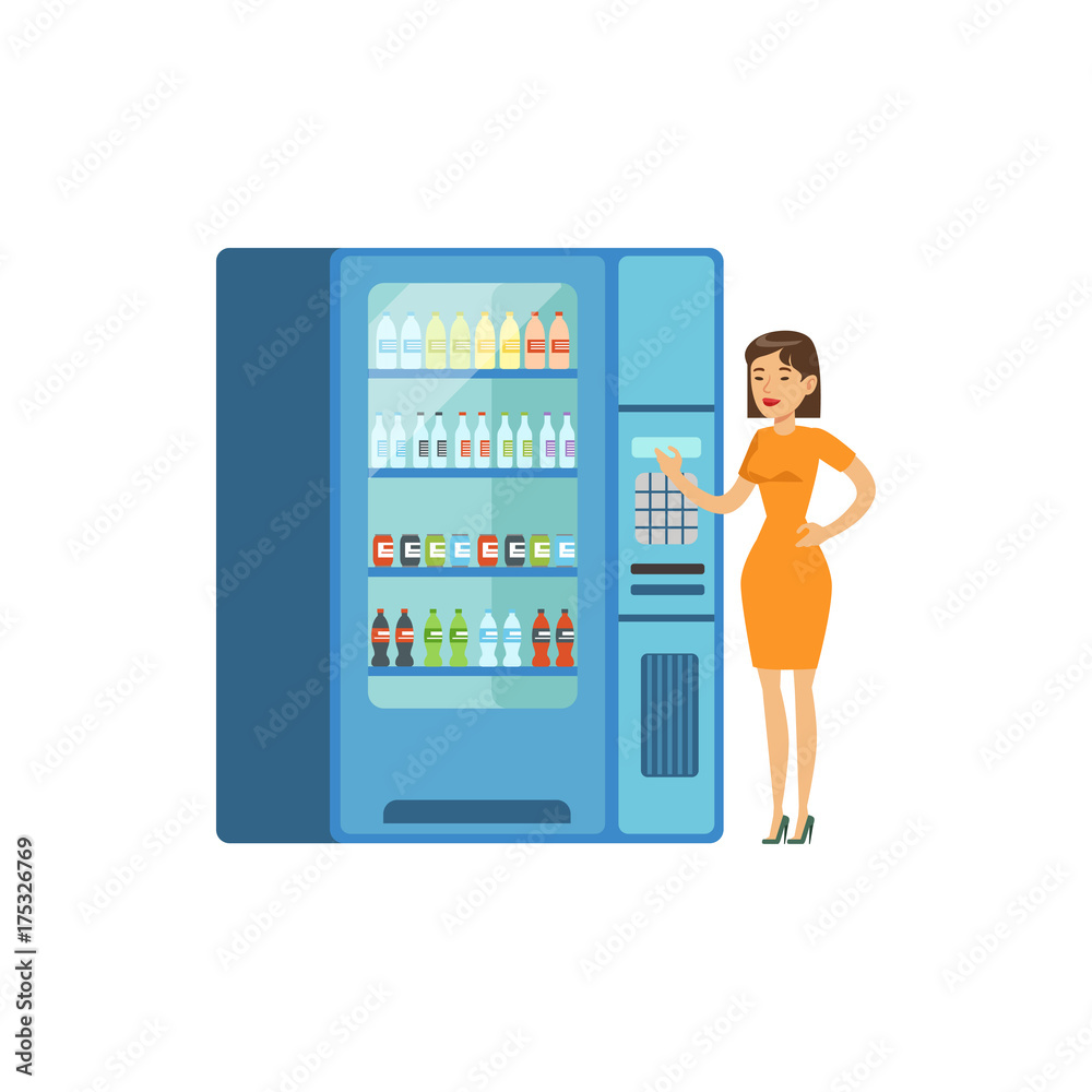 Young woman standing next to automatic vending machine with drinks ...