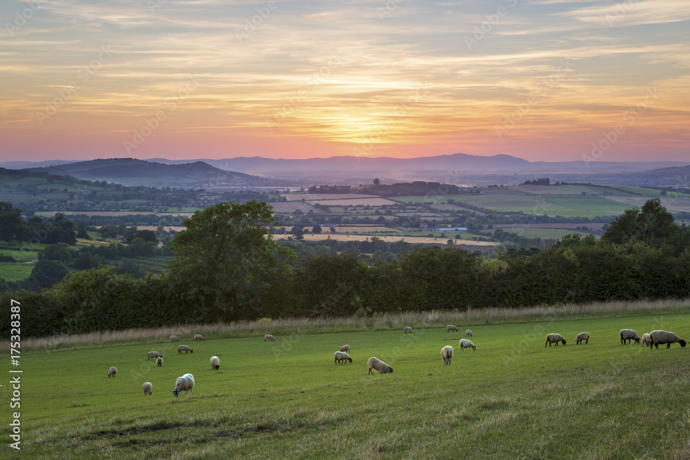 Cotswold landscape and distant Malvern Hills at sunset, Farmcote ...