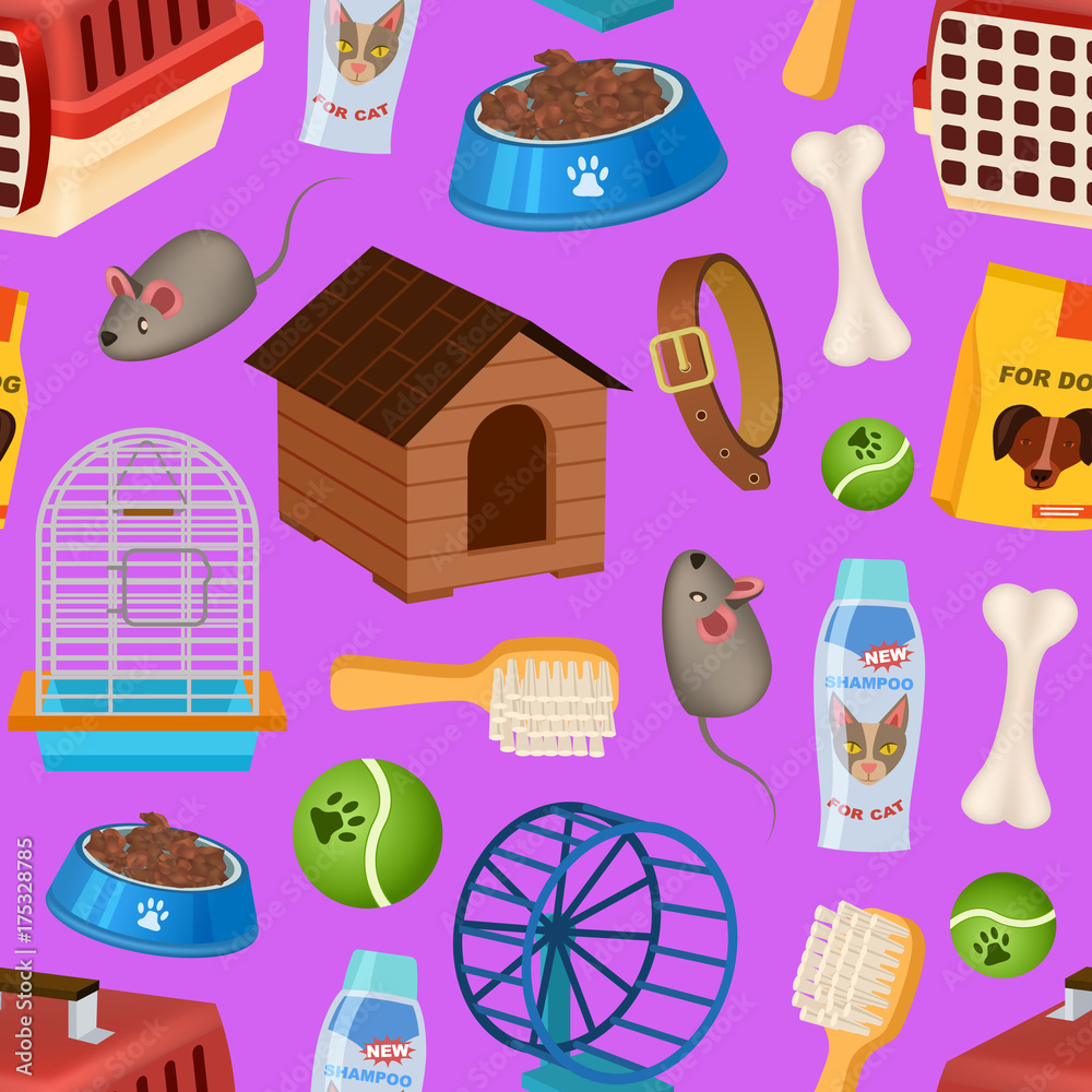 Pet shop seamless pattern in cartoon style. Pet store backdrop with ...