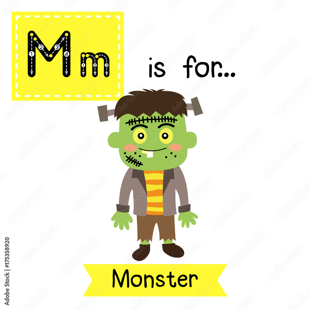 Cute children ABC alphabet M letter tracing flashcard of green Monster ...