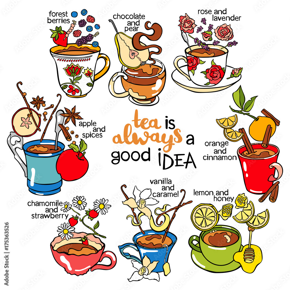 Tea is always a good idea. Tea cup. Tea set. Isolated vector objects on ...