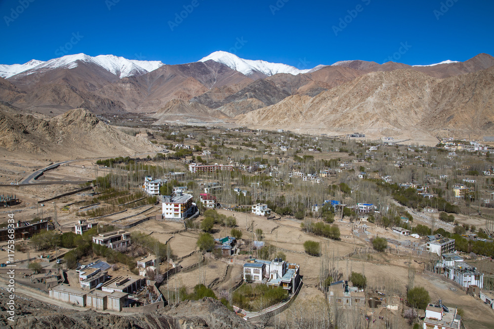 View of Leh city, the capital of Ladakh, Northern India. Leh city is ...
