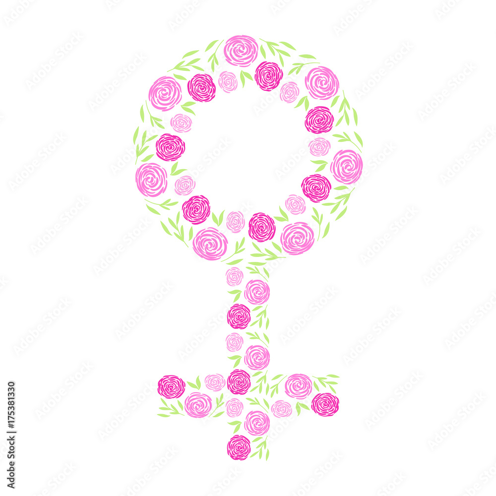 Vector woman sign icon with flowers. Symbol of feminine, female pink ...
