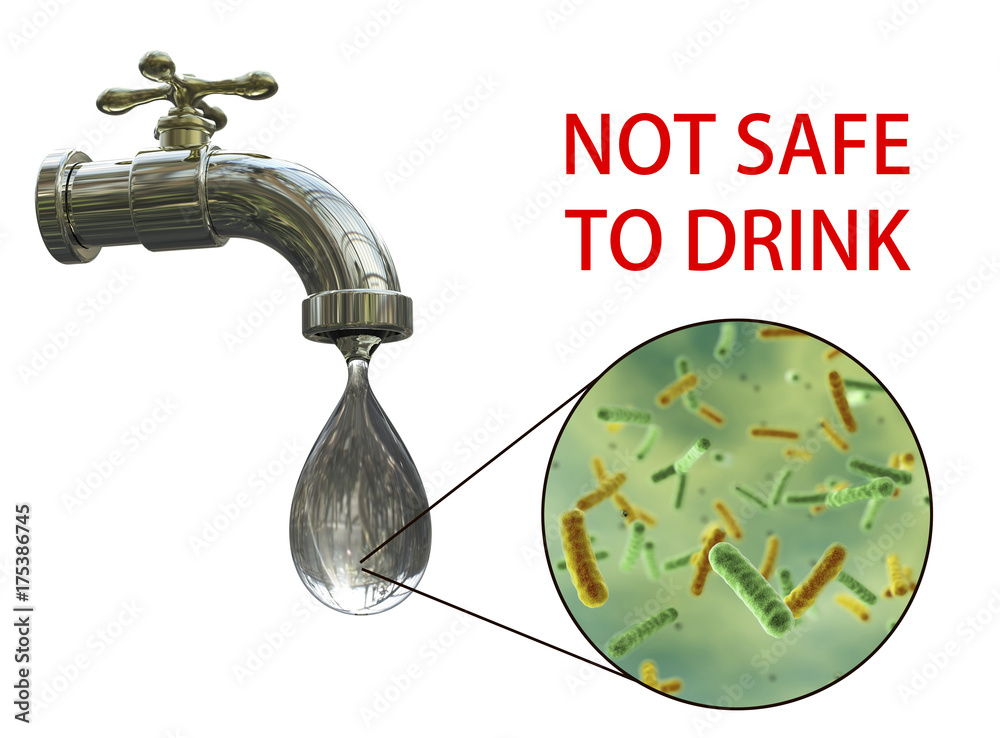 Safety of drinking water concept, 3D illustration showing old tap with ...
