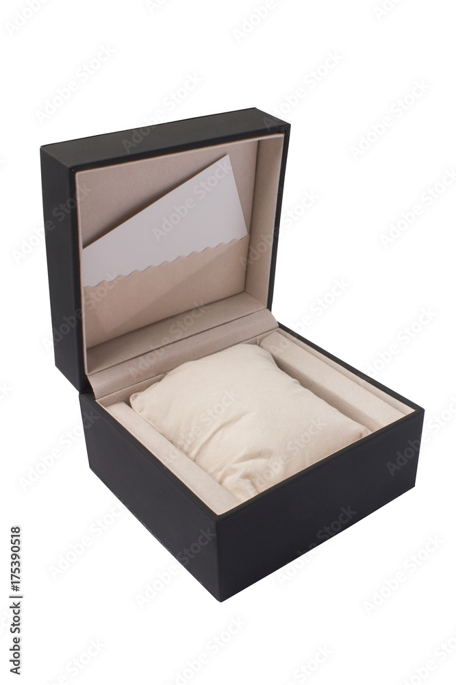 Gift box. Open black watch box on a white background. A blank business ...