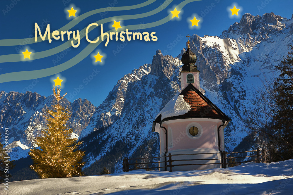 chapel in the alps with christmas tree and text and stars Stock Photo ...