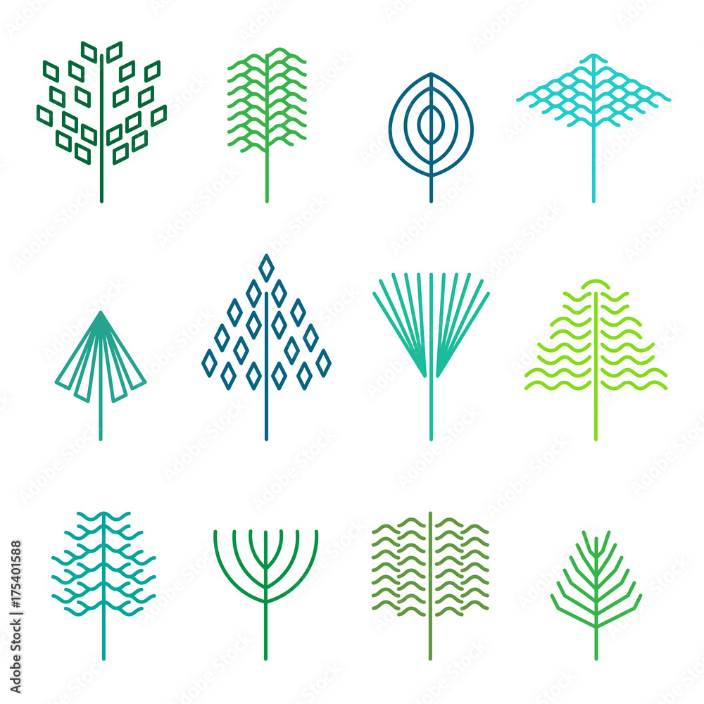 Set of graphical line trees and leaves, signs, logos and symbols. Stock ...