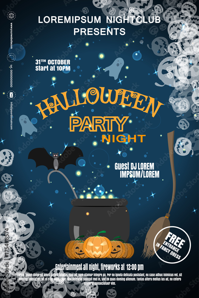 Vector poster for Halloween party night with group of witches, magic ...