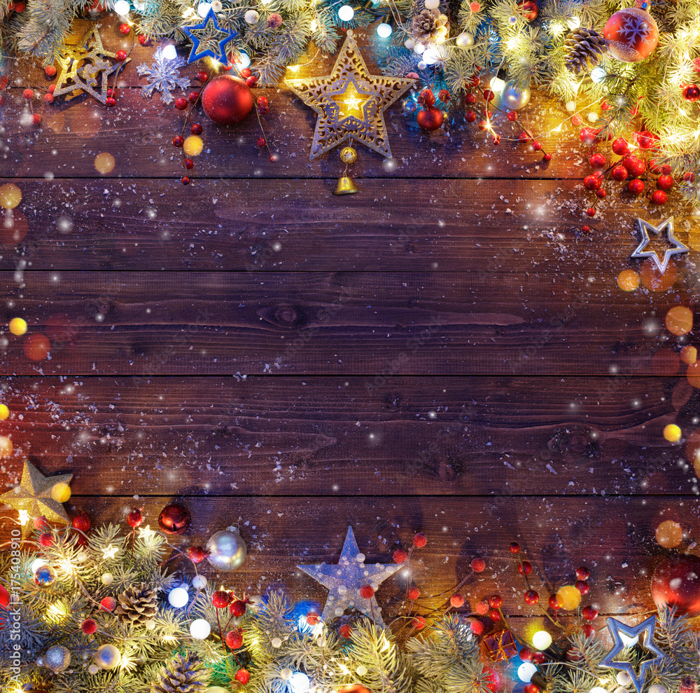 Christmas Background - Snowy Fir Branches And Lights On Dark Table ...