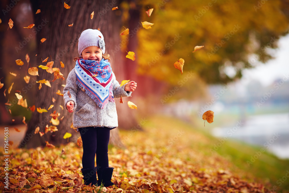adorable happy baby girl catching the fallen leaves, playing in the ...