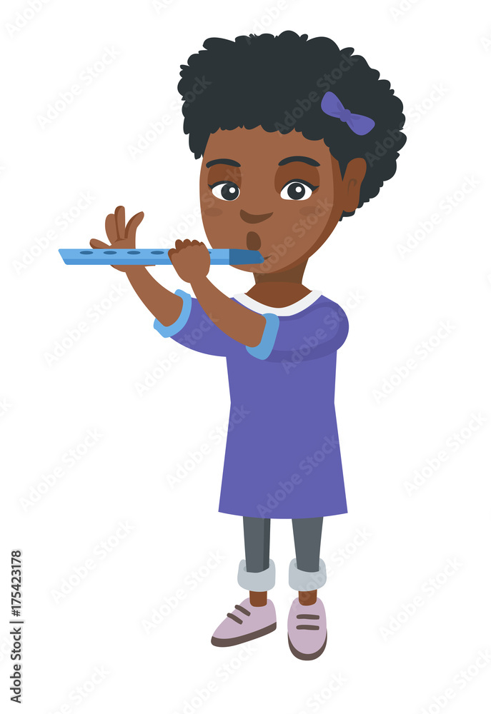 African-american little girl playing the flute. Full length of girl ...