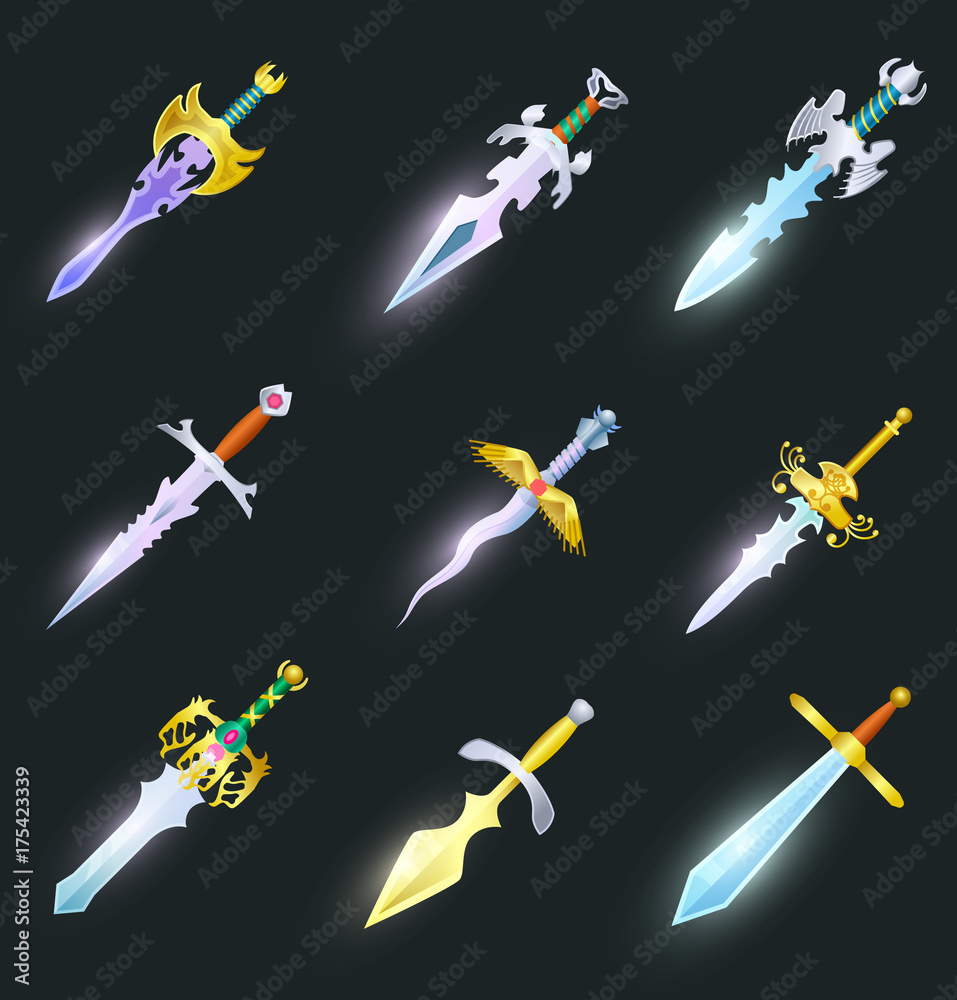 Magic swords cartoon icons set. Collection of decoration weapon for ...