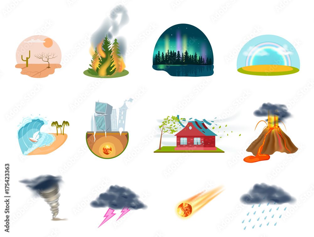 Natural disasters icons. Tornado, forest fire, earthquake, volcanic ...