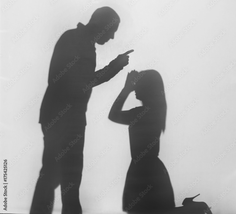 Silhouette of man shouting at his wife, on white background. Domestic ...