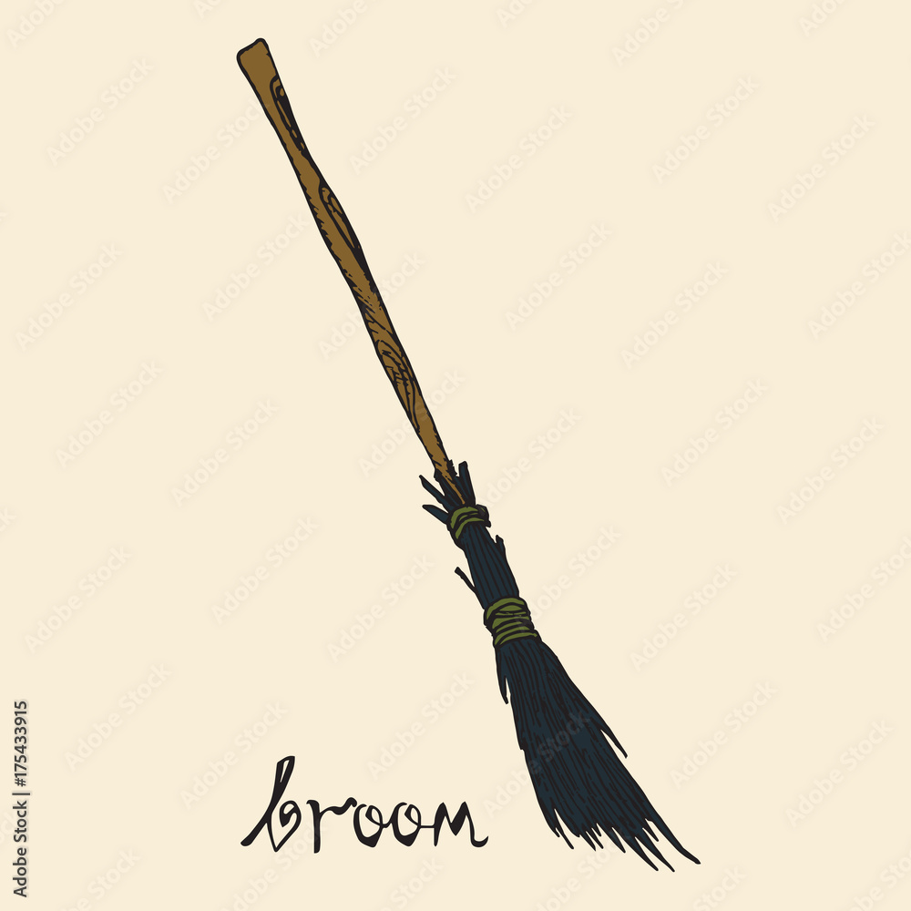Broom with inscription, woodcut style design, hand drawn doodle, sketch ...