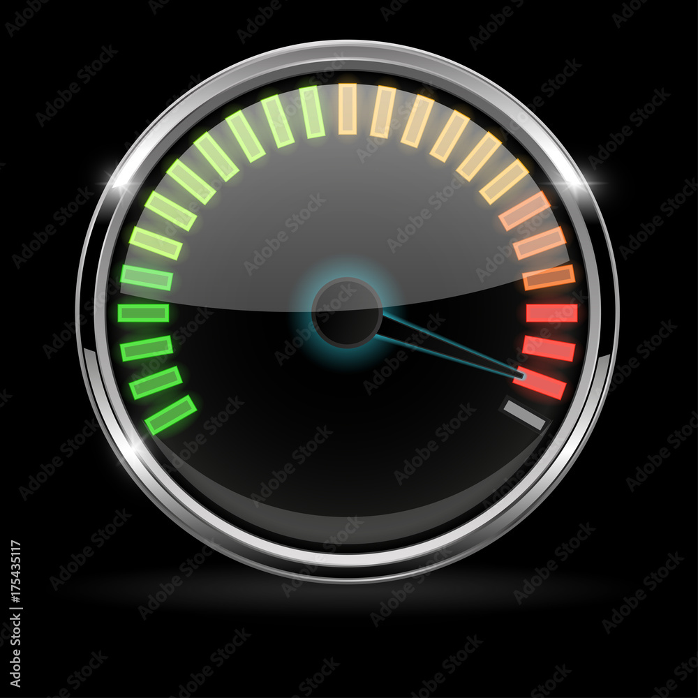 Industrial gauge with metal frame on black background. Maximum level ...