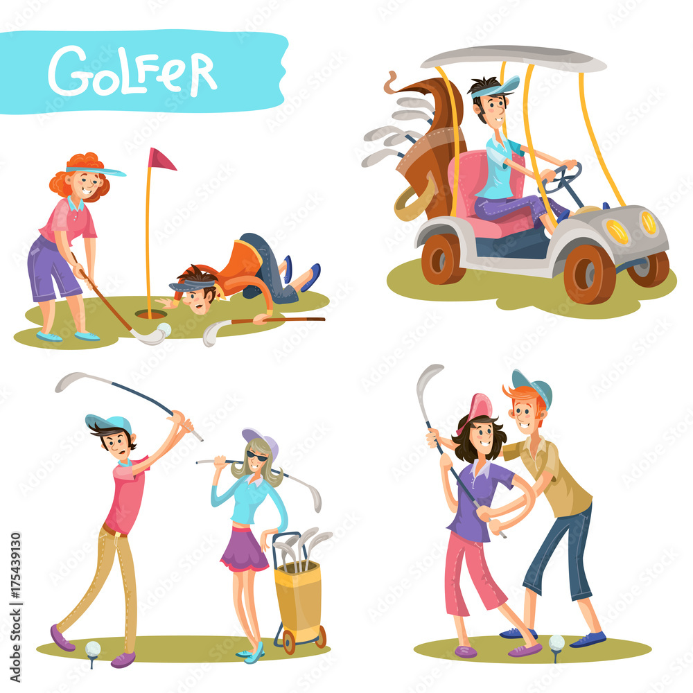 Set of female and male golfers cartoon characters playing golf ...