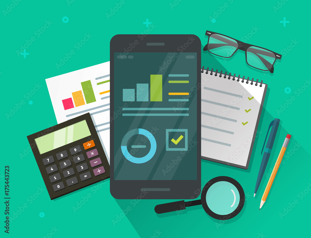 Analytics data results on mobile phone screen and table vector ...