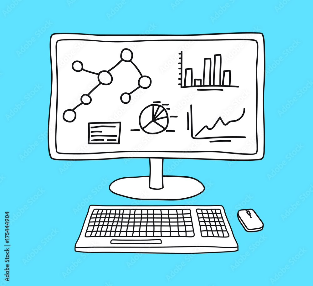 Computer screen with keyboard and mouse displaying statistics and ...