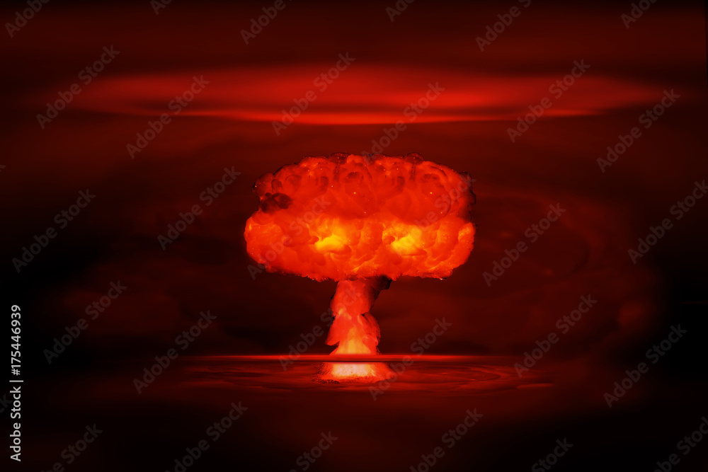 Atomic bomb realistic explosion, red color with smoke on black ...