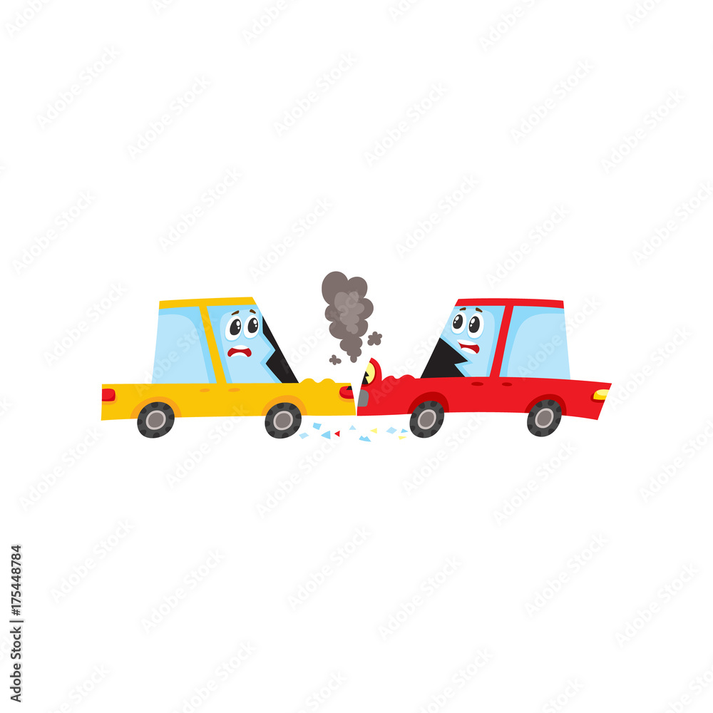 vector flat cartoon car characters with face, emotions crash in head-on ...