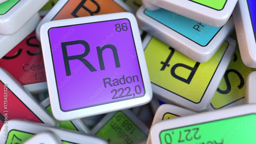 Radon Rn block on the pile of periodic table of the chemical elements ...