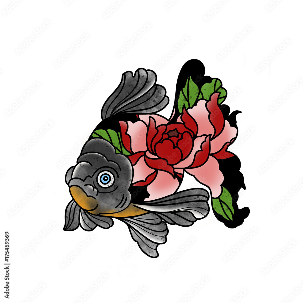 Stylized fish and flower. Tattoo design. Cartoon illustration, hand ...