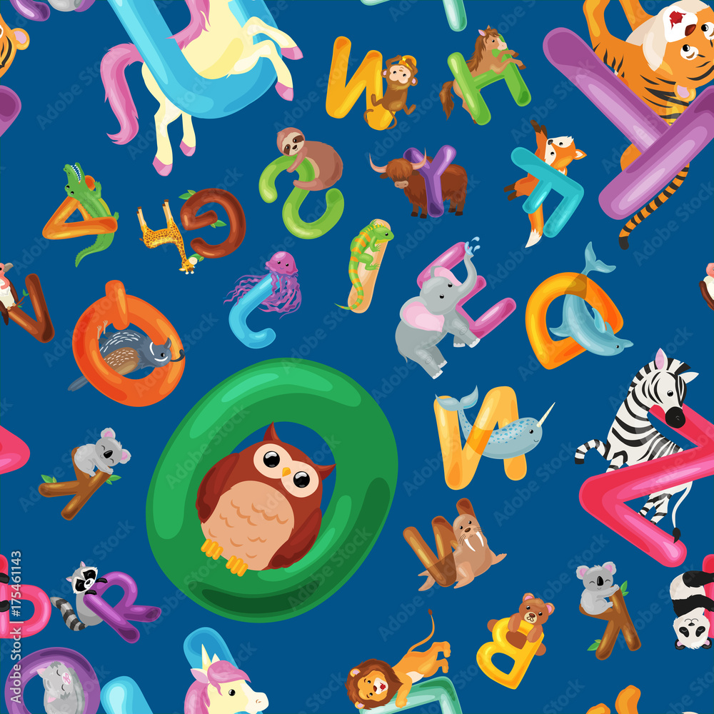 Animals alphabet background, Set of cartoon English type letters with ...