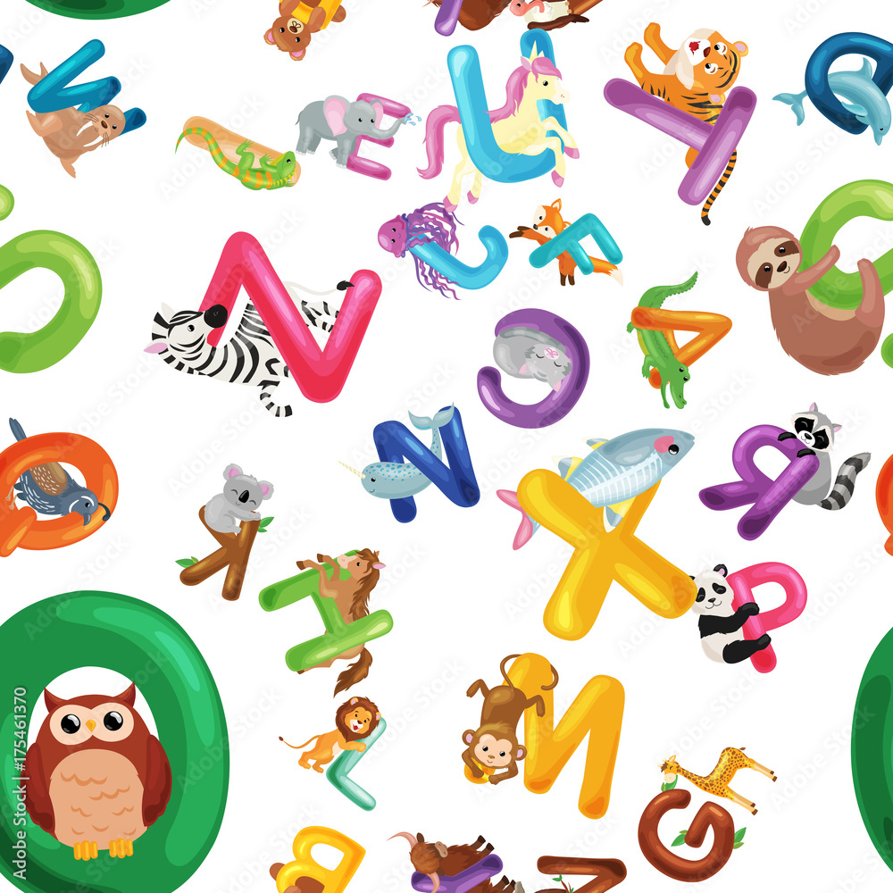 Animals alphabet background, Set of cartoon English type letters with ...