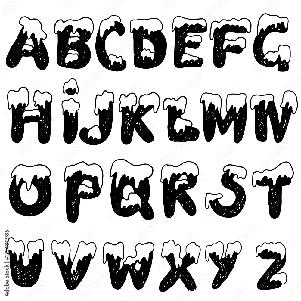 Christmas snowy alphabet. Christmas font with snow. Handdrawn lettering ...