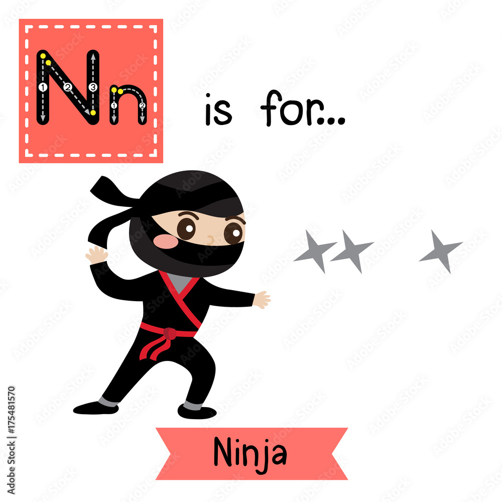 Cute children ABC alphabet N letter tracing flashcard of black Ninja ...